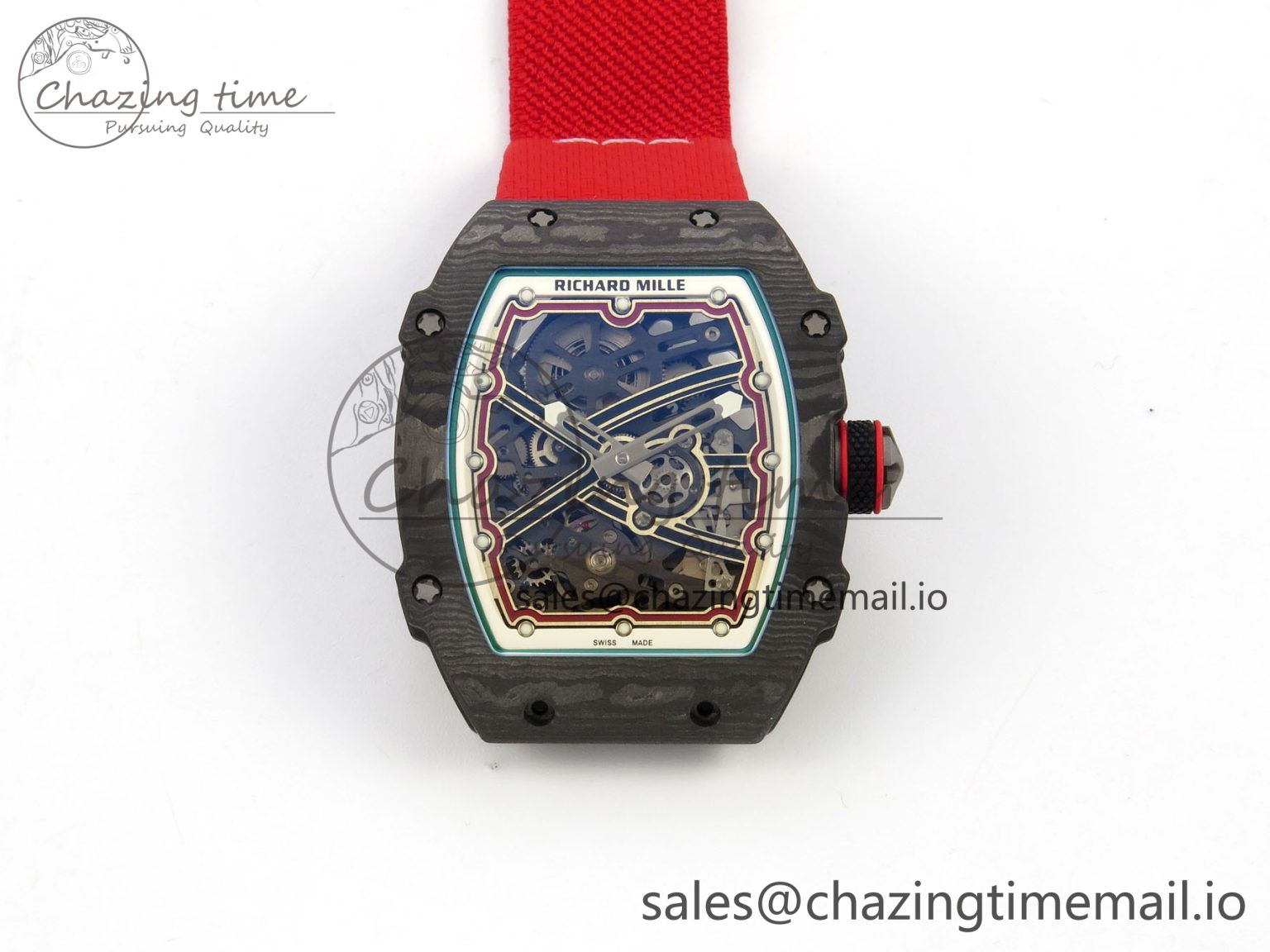 AVF RM67-02 Black NTPT Red/Blue Skeleton Dial on Red Elastic strap ...