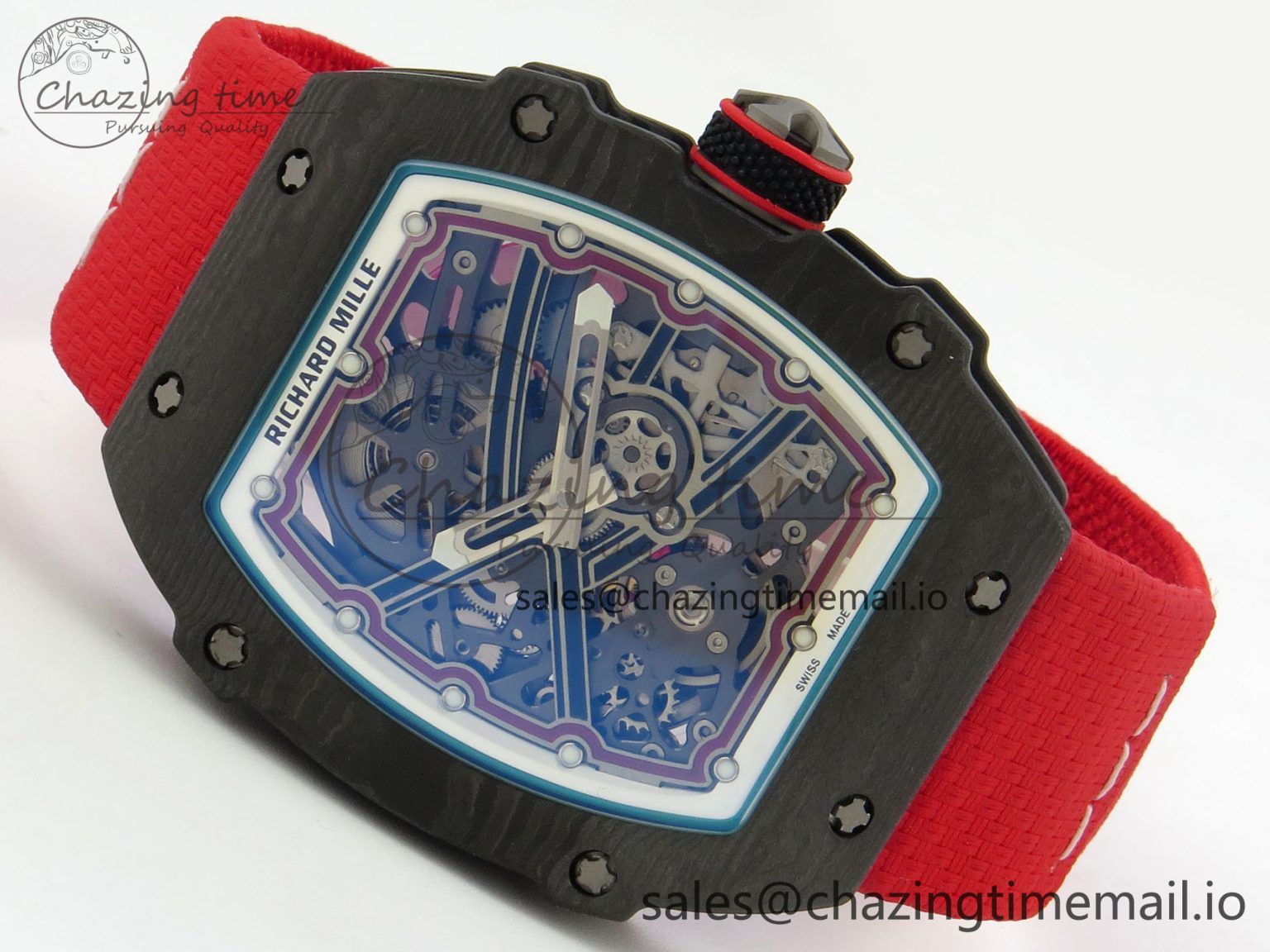 AVF RM67-02 Black NTPT Red/Blue Skeleton Dial on Red Elastic strap ...