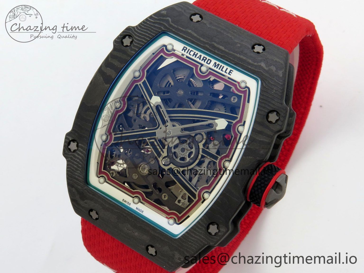 AVF RM67-02 Black NTPT Red/Blue Skeleton Dial on Red Elastic strap ...