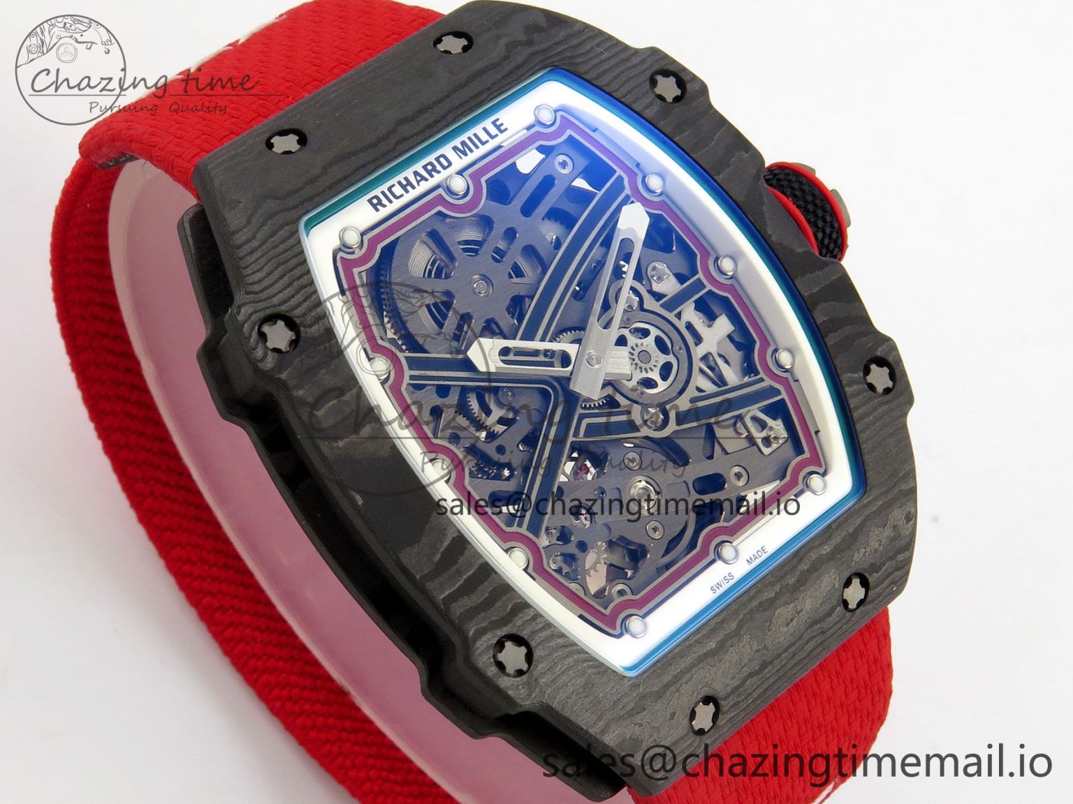 AVF RM67-02 Black NTPT Red/Blue Skeleton Dial on Red Elastic strap ...